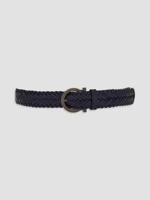 FERRAGAMO Testa Di Woven Leather Belt - Navy