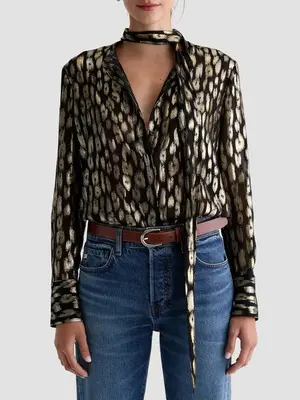 Ag Lora Metallic Leopard-print Tie-neck Shirt