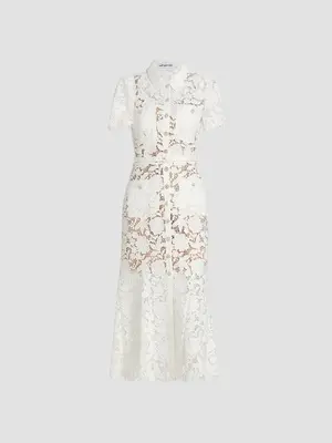 SELF-PORTRAIT Tie-waist Lace A-line Midi-shirtdress - White