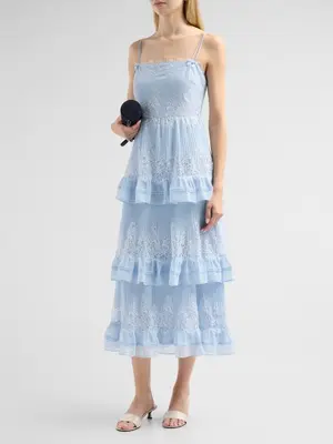 SELF-PORTRAIT Chiffon Lace Tiered Midi Dress
