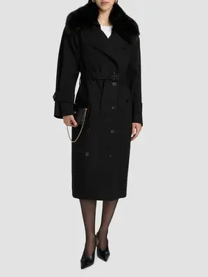 SELF-PORTRAIT Faux Fur Collar Twill Trench Coat