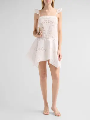 SELF-PORTRAIT Embroidered Linen-cotton Handkerchief Mini Dress
