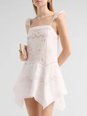 SELF-PORTRAIT Embroidered Linen-cotton Handkerchief Mini Dress