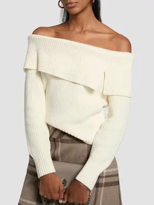 IF ONLY STUDIO Off-the-shoulder Rib-knit Cotton-wool Sweater - Ivory