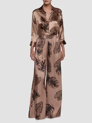 L'Agence Lillian Leaf-print Satin Wide Leg Pants