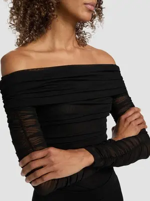 L'Agence Poppie Gathered Off-the-shoulder Bodysuit
