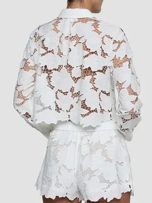 L'Agence Seychelle Floral Cotton Open-knit Crop Shirt - Ivory