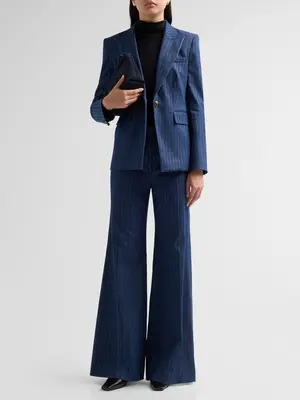 Veronica Beard Naira Striped Cotton-blend Single-breasted Dickey Jacket - Medium Indigo Copper