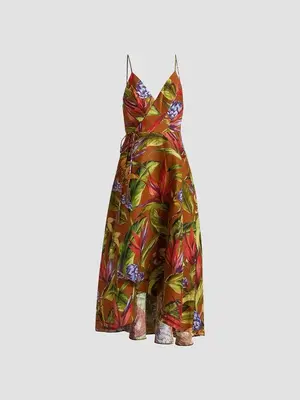 Farm Rio Floral Linen A-line Midi-wrap Dress