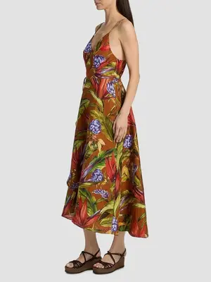 Farm Rio Floral Linen A-line Midi-wrap Dress