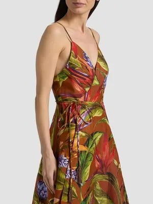 Farm Rio Floral Linen A-line Midi-wrap Dress