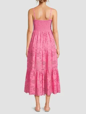 CHANGE OF SCENERY Jillian Eyelet Midi-dress - Hibiscus
