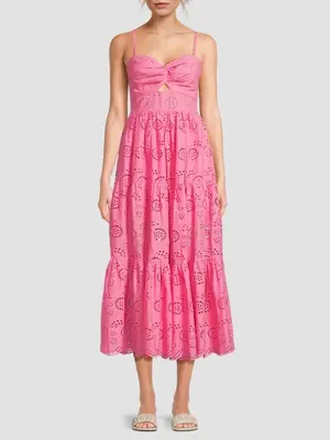 CHANGE OF SCENERY Jillian Eyelet Midi-dress - Hibiscus
