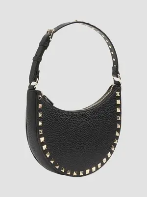 Valentino Garavani Mini Rockstud Hobo Bag In Grainy Calfskin - Black