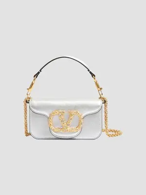 Valentino Garavani Locò Small Shoulder Bag In Laminated Calfskin - Silver