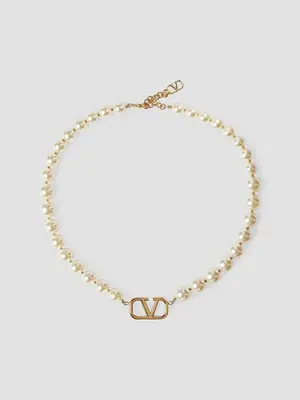 Valentino Garavani Vlogo Signature Metal Necklace With Swarovski Pearls - Gold