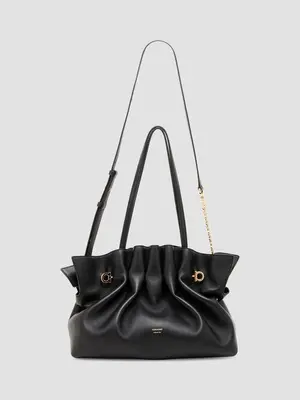 FERRAGAMO Medium Gancio Piercing Gathered Leather Shoulder Bag - Nero