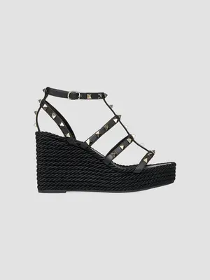 Valentino Garavani Rockstud Wedge Sandals With Calfskin Straps 95mm Black