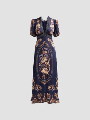 Farm Rio Lara Floral V-neck Midi Dress - Blue