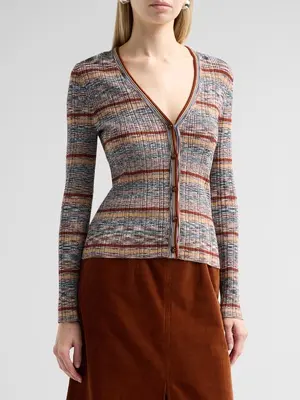 Veronica Beard Calliope Striped Ribbed-knit V-neck Cardigan