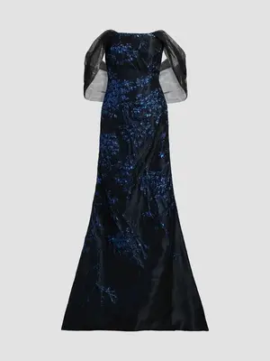 Rene Ruiz Collection Draped-wrap Brocade Gown