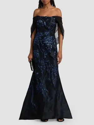 Rene Ruiz Collection Draped-wrap Brocade Gown
