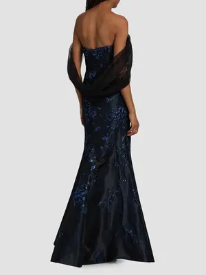 Rene Ruiz Collection Draped-wrap Brocade Gown
