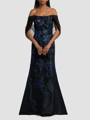 Rene Ruiz Collection Draped-wrap Brocade Gown