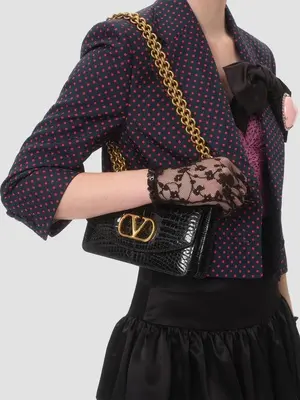 Valentino Garavani Vain Small Shoulder Bag In Crocodile Leather - Black