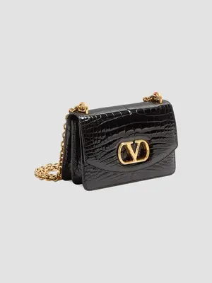 Valentino Garavani Vain Small Shoulder Bag In Crocodile Leather - Black