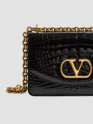 Valentino Garavani Vain Small Shoulder Bag In Crocodile Leather - Black