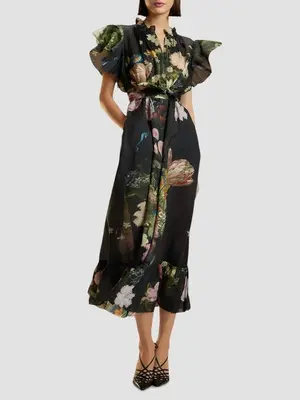 Cynthia Rowley Floral Tie-waist Ramie Caftan Midi-dress - Black