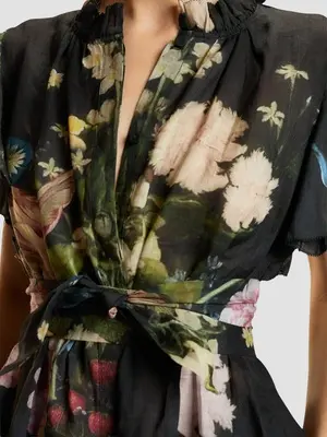 Cynthia Rowley Floral Tie-waist Ramie Caftan Midi-dress - Black