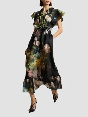 Cynthia Rowley Floral Tie-waist Ramie Caftan Midi-dress - Black