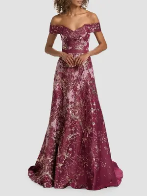 Rene Ruiz Collection Brocade Off-the-shoulder Gown