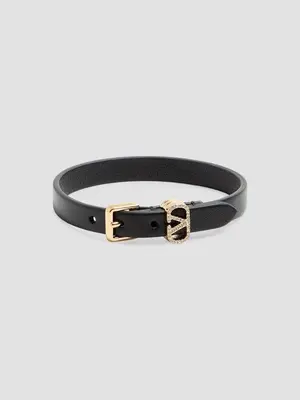 Valentino Garavani Ovalette Bracelet In Leather And Swarovski Crystals - Black
