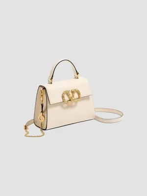Valentino Garavani Vsling Small Top Handle Bag In Grainy Calfskin - Ivory