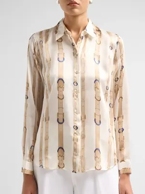 L'Agence Tyler Belt Print Silk Blouse - Ecru Multi Stud
