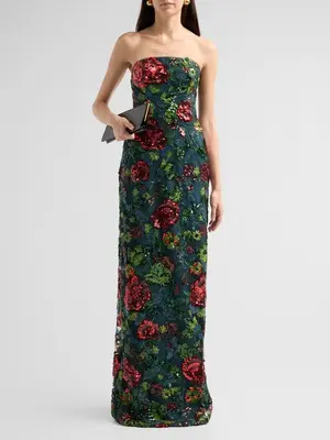 Rene Ruiz Collection Floral-sequin Embroidered Strapless Column Gown