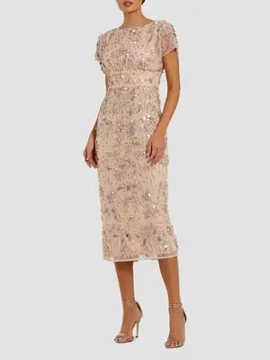 Mac Duggal Cocktail Embellished Mesh Cap-sleeve Midi-dress - Blush