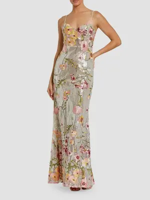 Mac Duggal Bustier Floral Appliqué Gown - Silver Multi