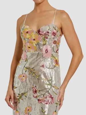 Mac Duggal Bustier Floral Appliqué Gown - Silver Multi