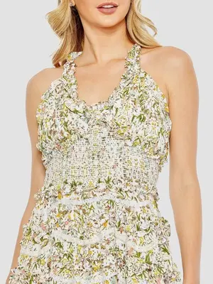 Mac Duggal Floral Ruffle Tiered Smocked Maxi Dress