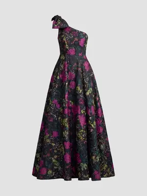 Mac Duggal Floral Brocade Bow One-shoulder Gown - Black Multi
