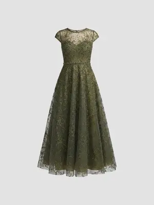 Mac Duggal Embellished Jewel Neck A-line Cocktail Dress - Olive