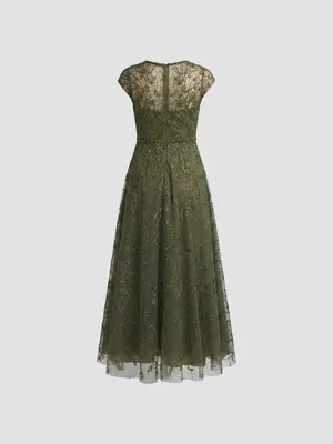 Mac Duggal Embellished Jewel Neck A-line Cocktail Dress - Olive