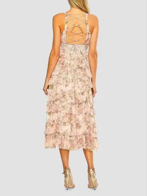 Mac Duggal Floral Ruffled Sleeveless Midi-dress