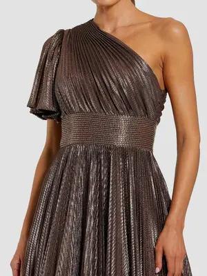 Mac Duggal One-shoulder Pleated Metallic A-line Ball Gown