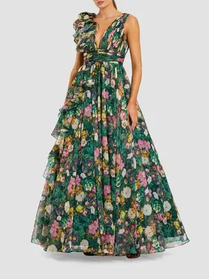 Mac Duggal Floral Chiffon Ruffled V-neck Gown - Deep Green Multi