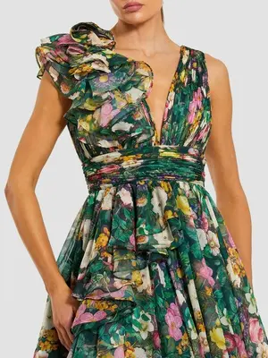 Mac Duggal Floral Chiffon Ruffled V-neck Gown - Deep Green Multi